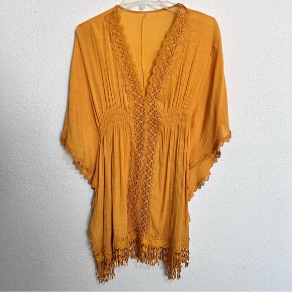 Vintage Boho Mustard Yellow Gold Swim Coverup Lace & Fringe Medium